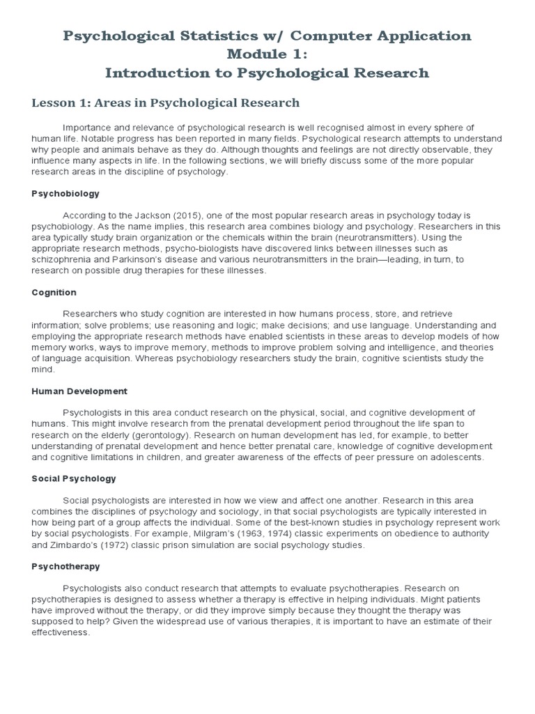 Introduction to Key Areas of Psychological Research and the Scientific ...