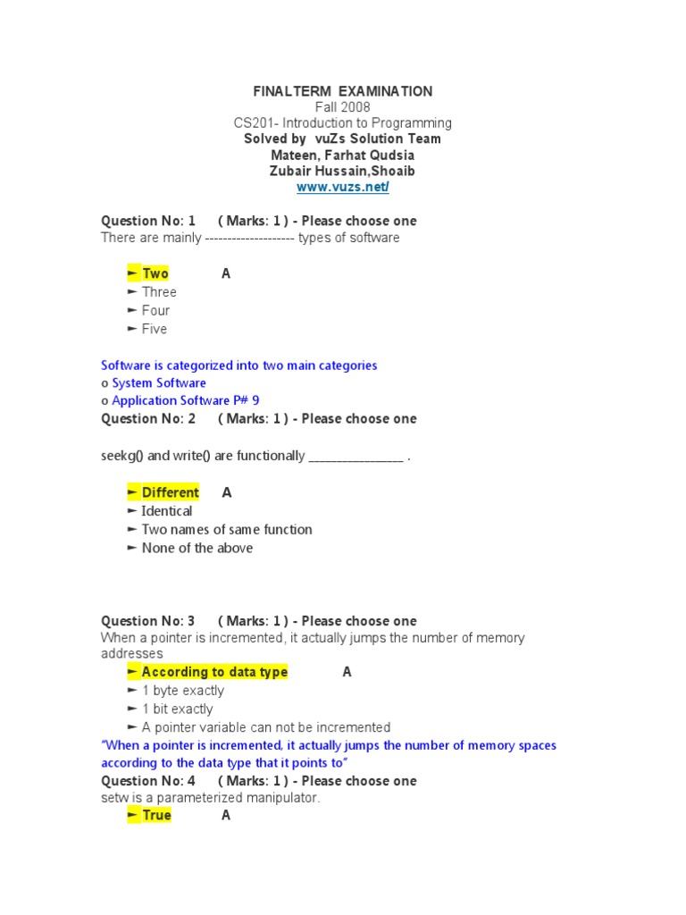 Cs201 Fall 2008 Final Solved By Vuzs Team Pdf Pointer Computer Programming Array Data