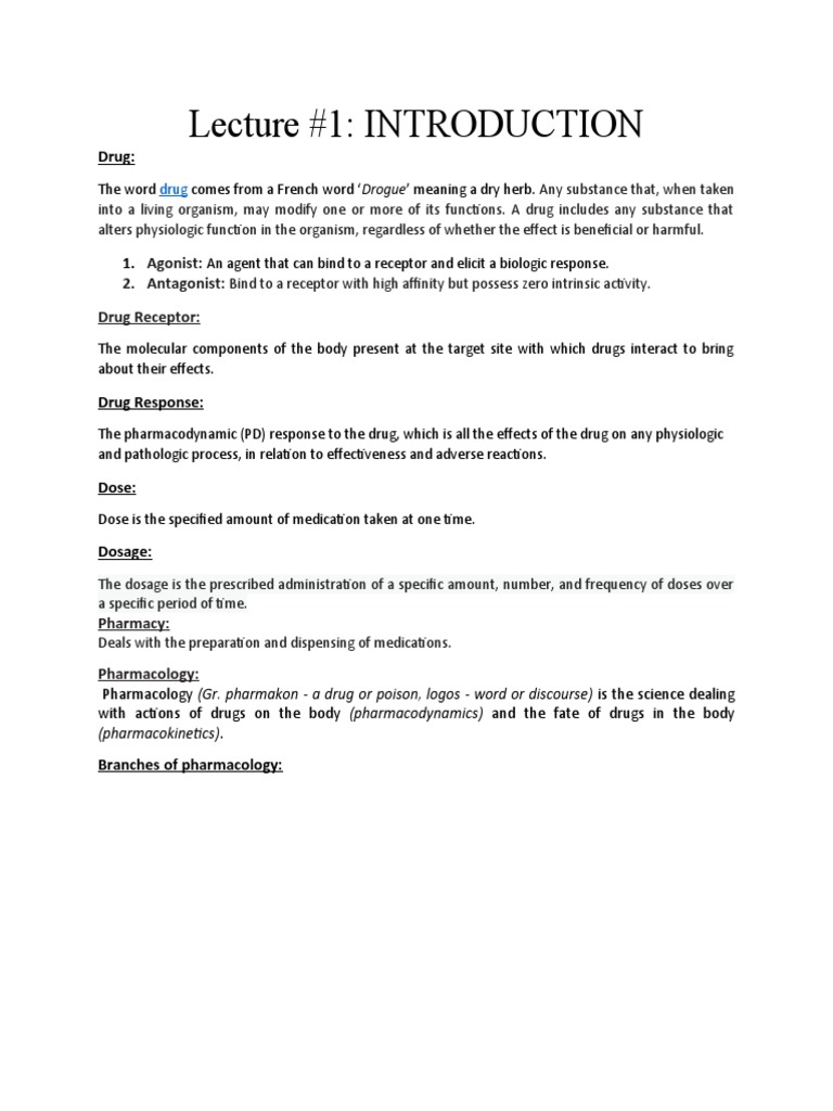 Lecture #1: INTRODUCTION: Drug | PDF | Pharmacology | Pharmaceutical ...