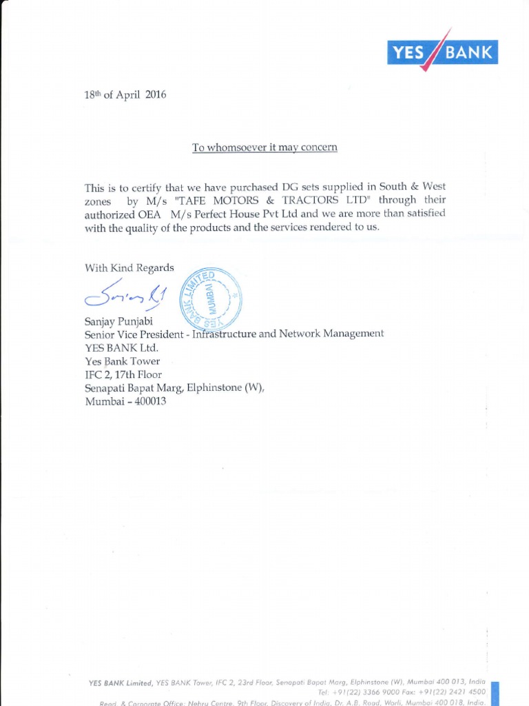 Yes Bank Satisfaction Letter PDF | PDF