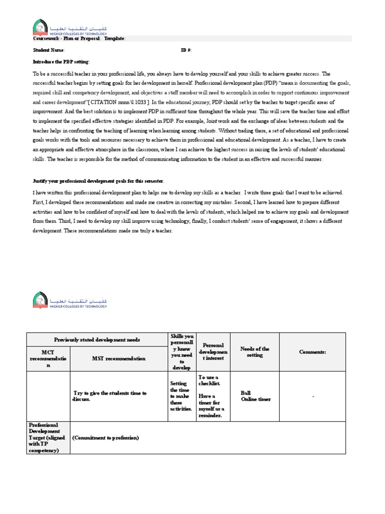 Coursework - Plan or Proposal: Template: Student Name: ID #: Introduce The PDP Setting | PDF ...