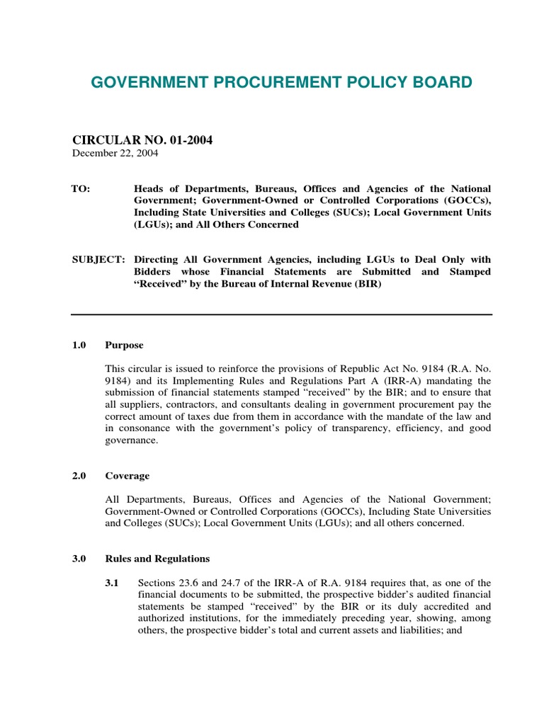 Government Procurement Policy Board: CIRCULAR NO. 01-2004 | PDF