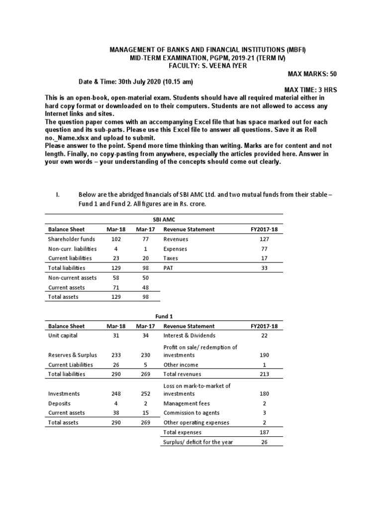 I. Below Are The Abridged Financials of SBI AMC Ltd. and Two Mutual ...
