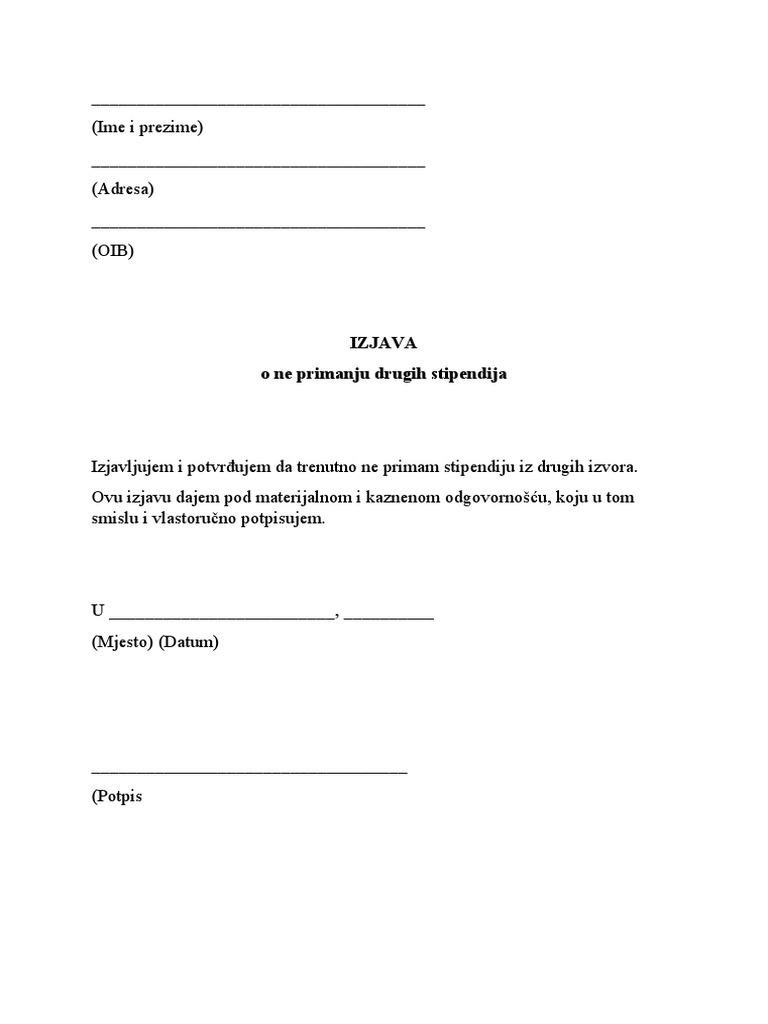 Izjava o Ne Primanju Drugih Stipendija 2020 | PDF