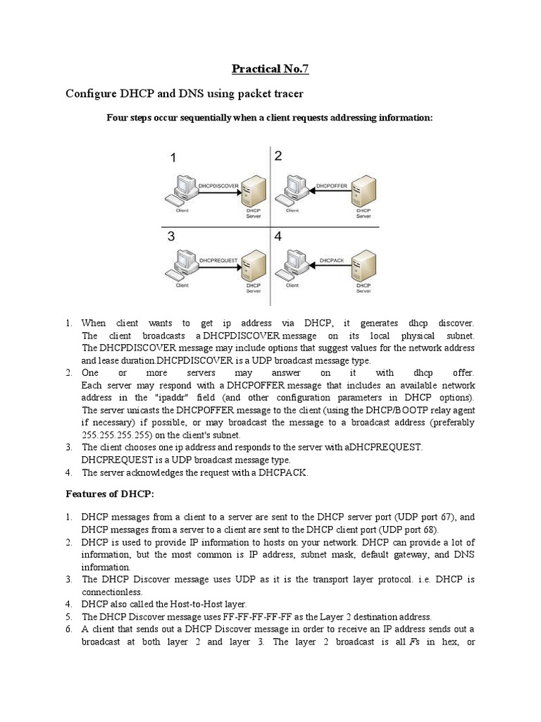 Configure DHCP and DNS Using Packet Tracer: Practical No.7 | PDF | Ip Address | Networking Standards