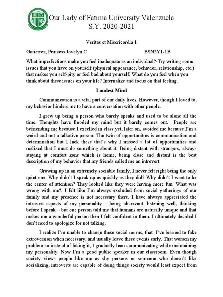 Veritas Et Misericordia 1 Finals Essay | PDF | Extraversion And Introversion | Cognitive Science