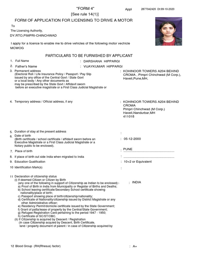Form 4 Application for Driving License | PDF | License | Driver's License