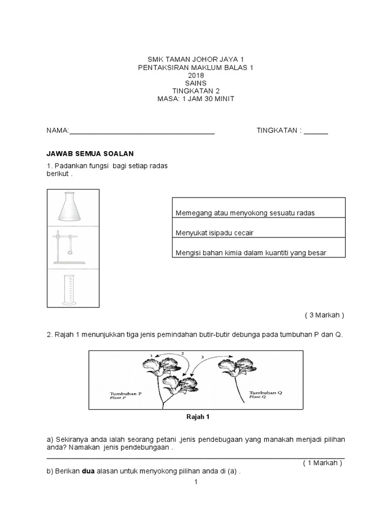 Contoh Soalan Sains Tingkatan 1 | PDF
