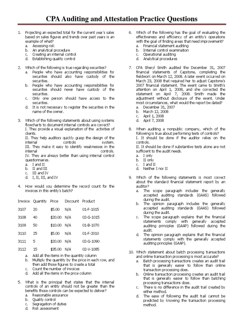 CPA Auditing Practice Questions Guide | PDF | Financial Audit | Auditor ...