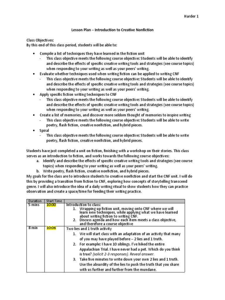 50 Min Lesson Plan | PDF | Creative Writing | Creative Nonfiction