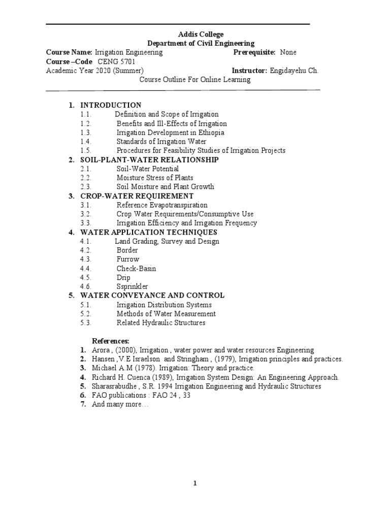 Irrigation Engineering Course Outline Addis College | PDF