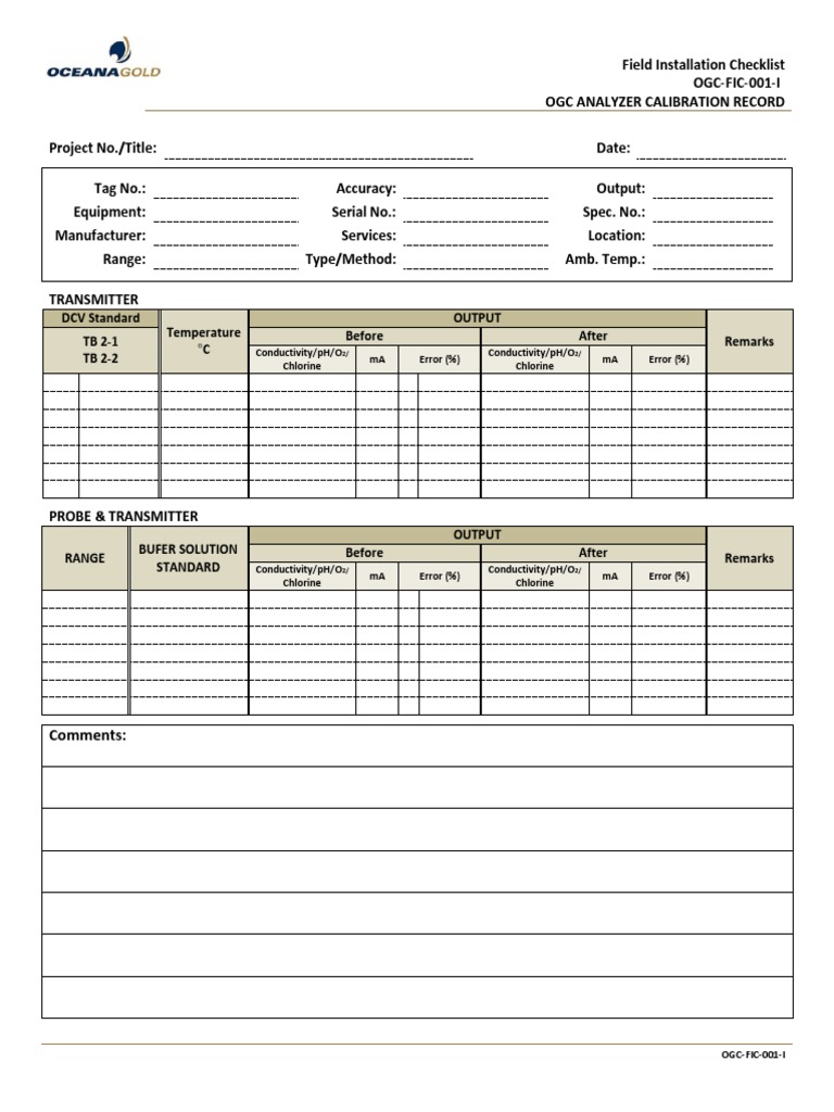 OGC-FIC-001-I-Analyzer Calibration Record-Field Installation Checklist ...