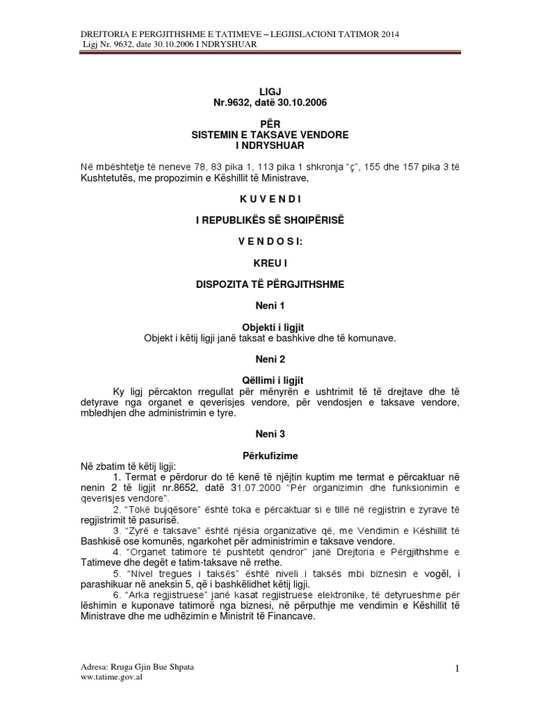Ligj Nr.9632, Datë 30.10.2006 PËR Sistemin E Taksave Vendore I ...