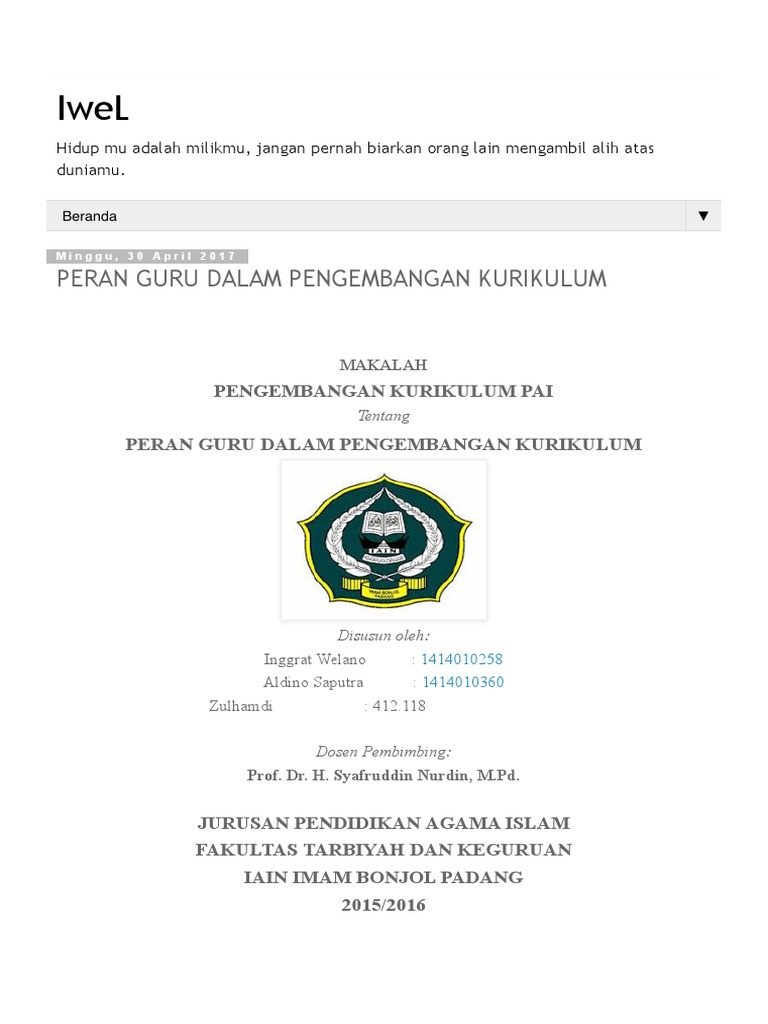 IweL - PERAN GURU DALAM PENGEMBANGAN KURIKULUM | PDF