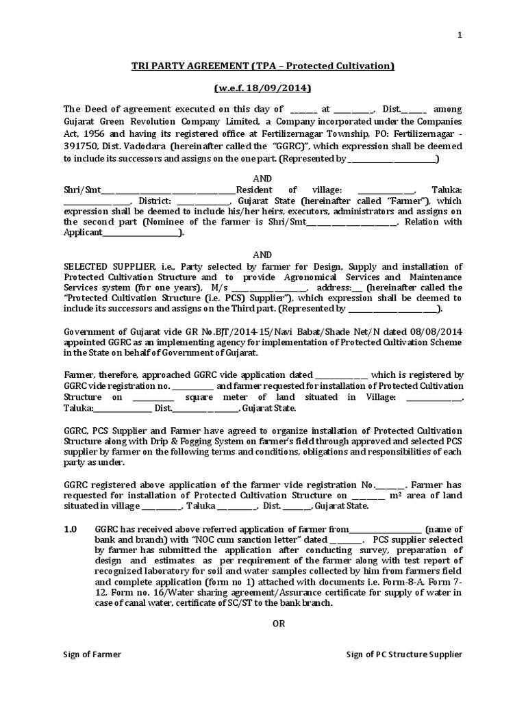 TRI PARTY AGREEMENT (TPA - Protected Cultivation) (W.e.f. 18/09/2014 ...