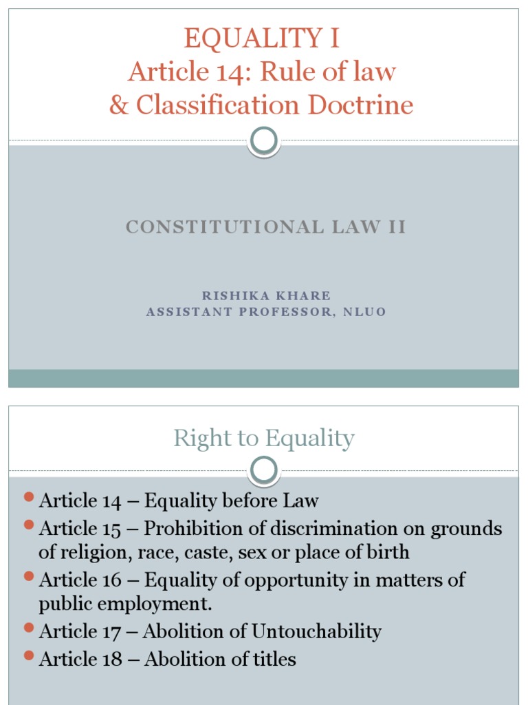 Art 14 Equality I Pdf Rule Of Law Equal Protection Clause