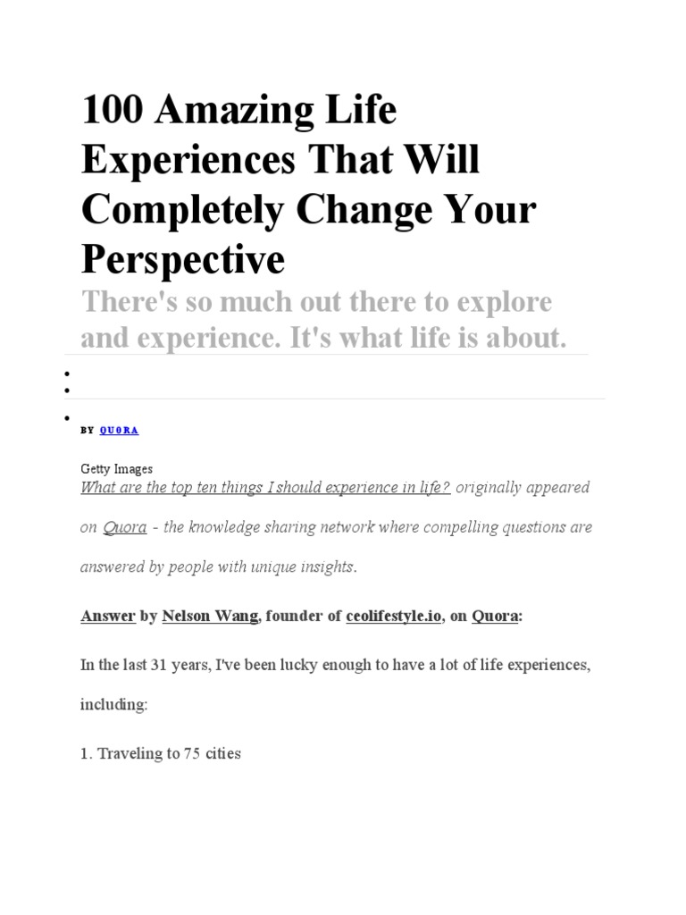 100 Amazing Life Experiences | PDF | Kidney Transplantation | Foods