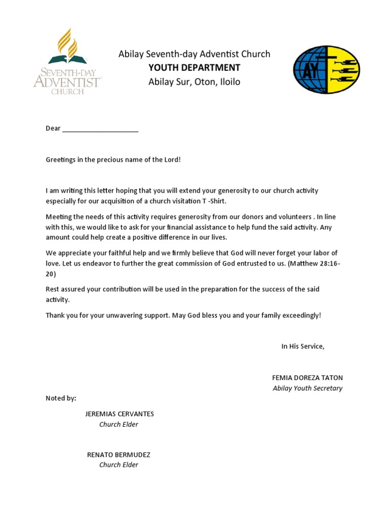 Sample Church Letters Abilay Seventh Day Adventist Church Abilay Sur,