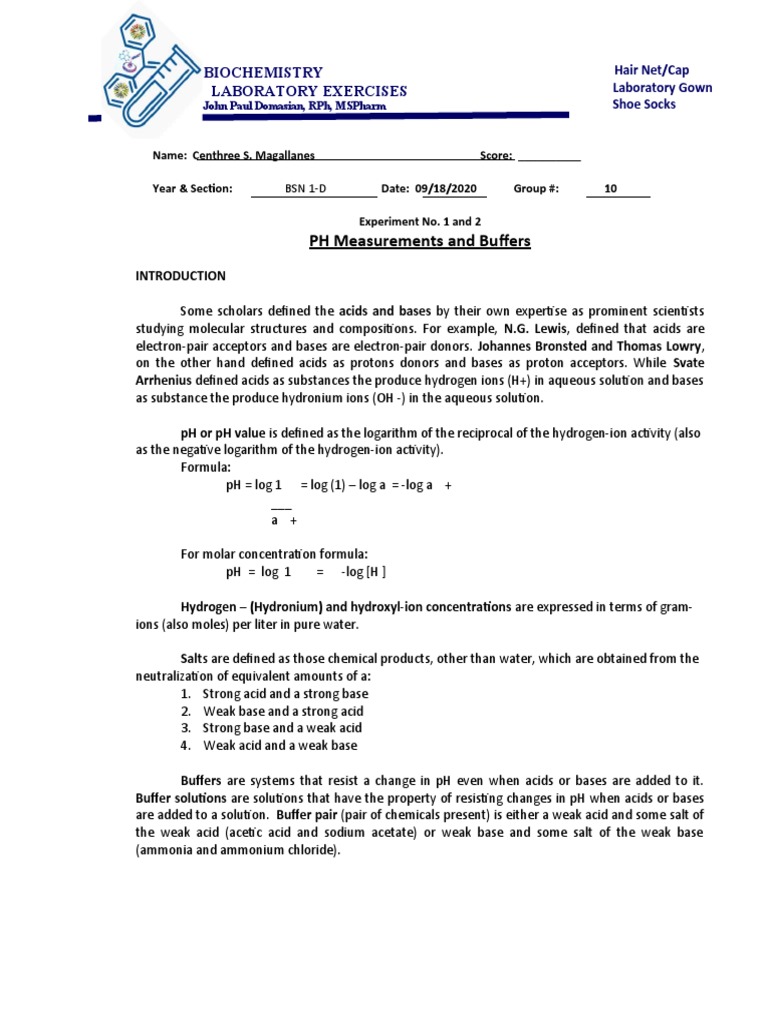 PH Measurements and Buffers: Biochemistry Laboratory Exercises | PDF ...