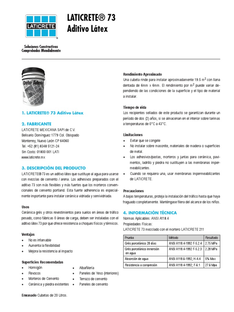 LATICRETE 73 - Aditivo - Latex - R1 | PDF | Material compuesto | Hormigón