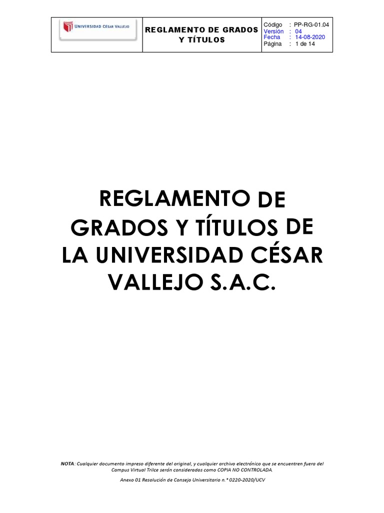 Anexo 01 RCUN°0220 2020 UCV Reglamento de Grados y Títulos | PDF | Titulo academico | Doctorado
