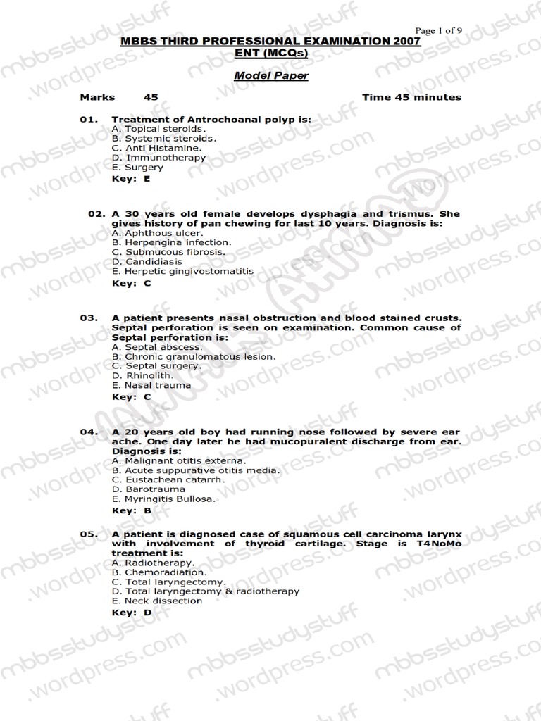 Ent Model MCQ 2007 - 2 | PDF