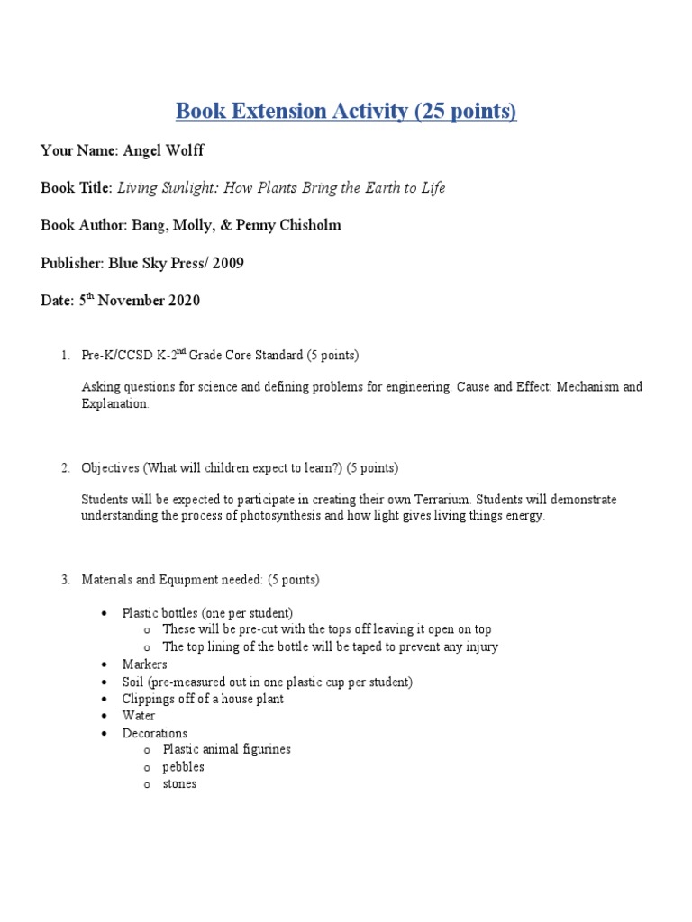 Book Extension Activity - Living Sunlight | PDF | Learning | Cognition