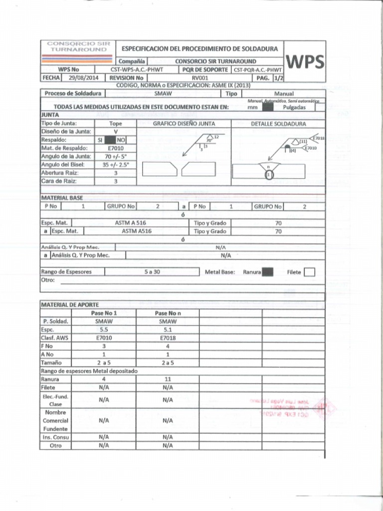 WPS Tuberia Asme Seccion IX 516 GR 70 PWHT (Espesores Mayores ...