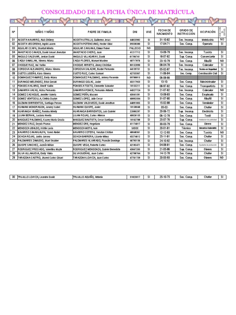 Consolidado de La Ficha de Matricula 2017 | PDF