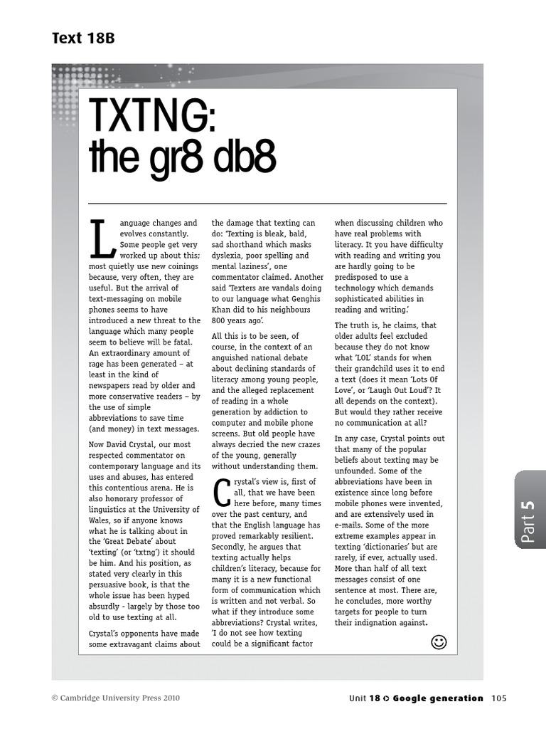 TXTNG: The Gr8 Db8: Text 18B | PDF | Text Messaging | Linguistics