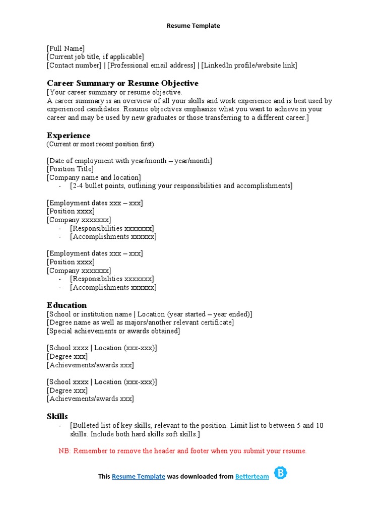 Career Summary or Resume Objective: (Current or Most Recent Position ...