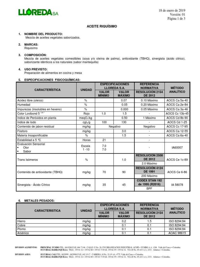 Ficha Técnica Aceite Riquisimo | PDF | Petróleo | Aceite vegetal