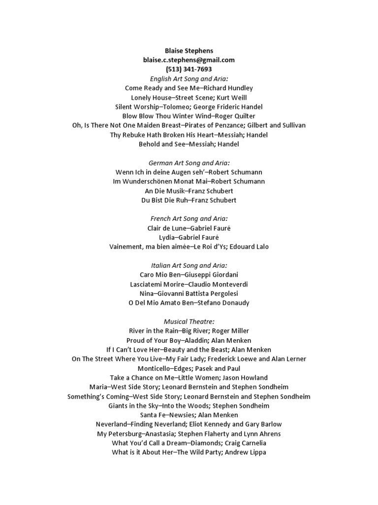 Art Songs and Arias Repertoire List | PDF | Vocal Music | Entertainment ...
