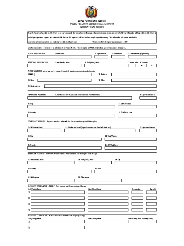 Public Health Passenger Locator Form International Flights | PDF ...