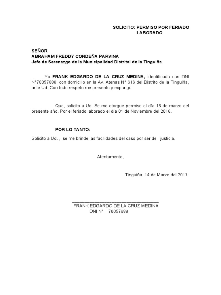Solicitud Permiso Por Feriado Laborado | PDF