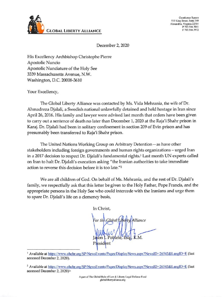12/2/20 Letter To Apostolic Nuncio To USA For Dr. Ahmadreza Djalali ...