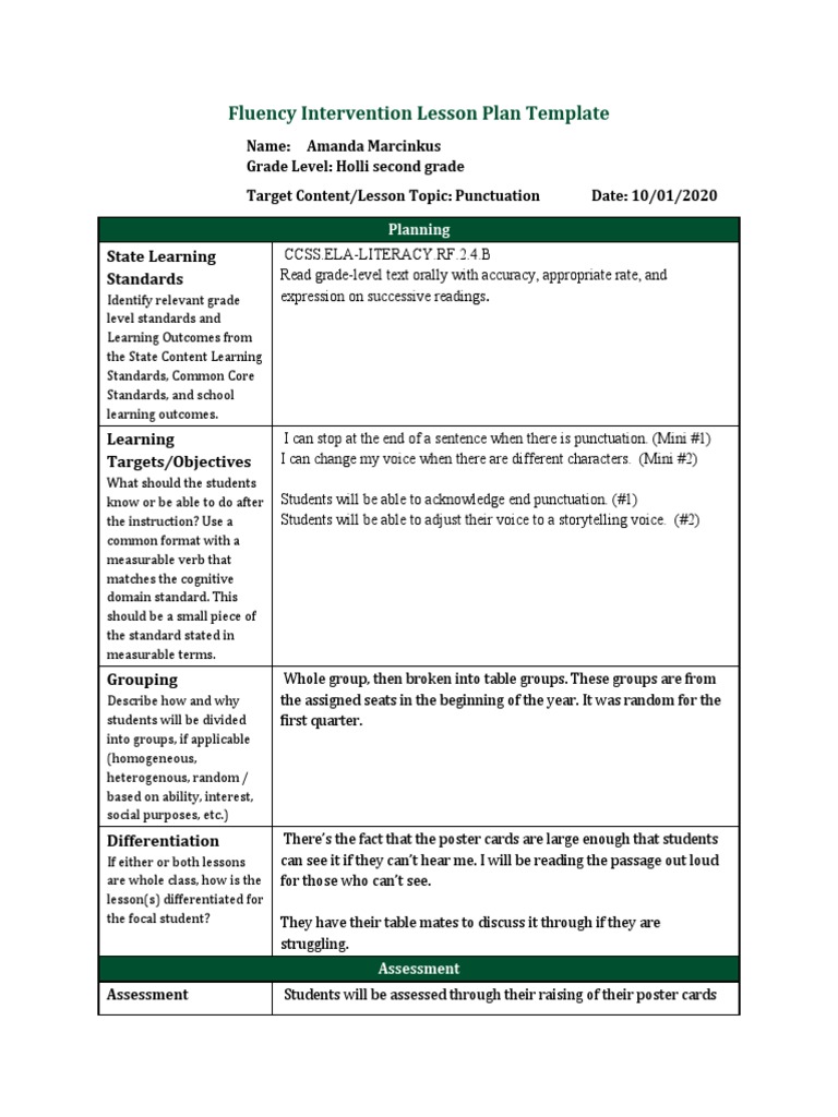 Second Grade Punctuation Lesson Plan | PDF | Punctuation | Fluency