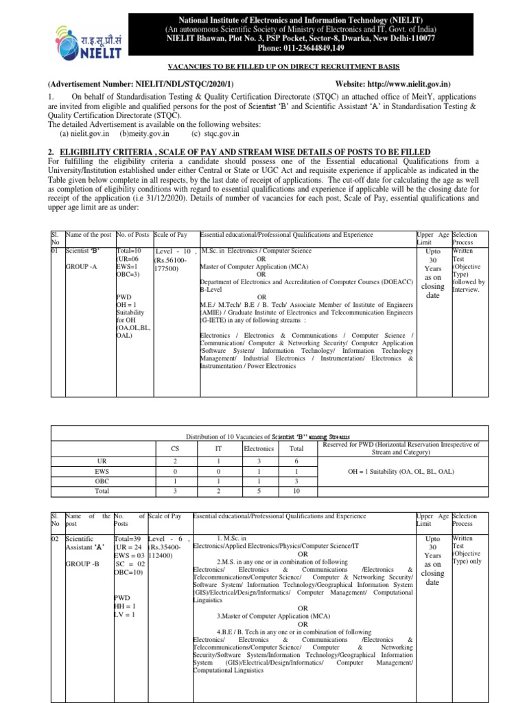 Advertisement Number: NIELIT/NDL/STQC/2020/1) Website: HTTP://WWW - Nielit.gov - in | PDF ...