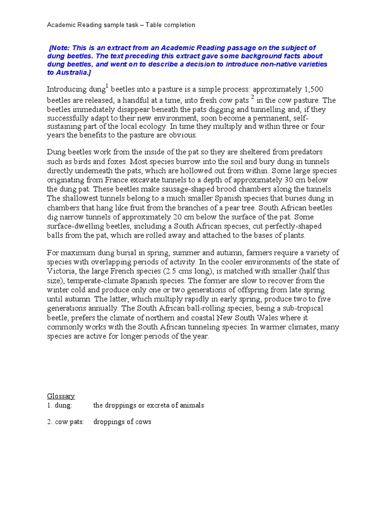 Academic Reading Sample Task - Table Completion | PDF | Beetle | Organisms