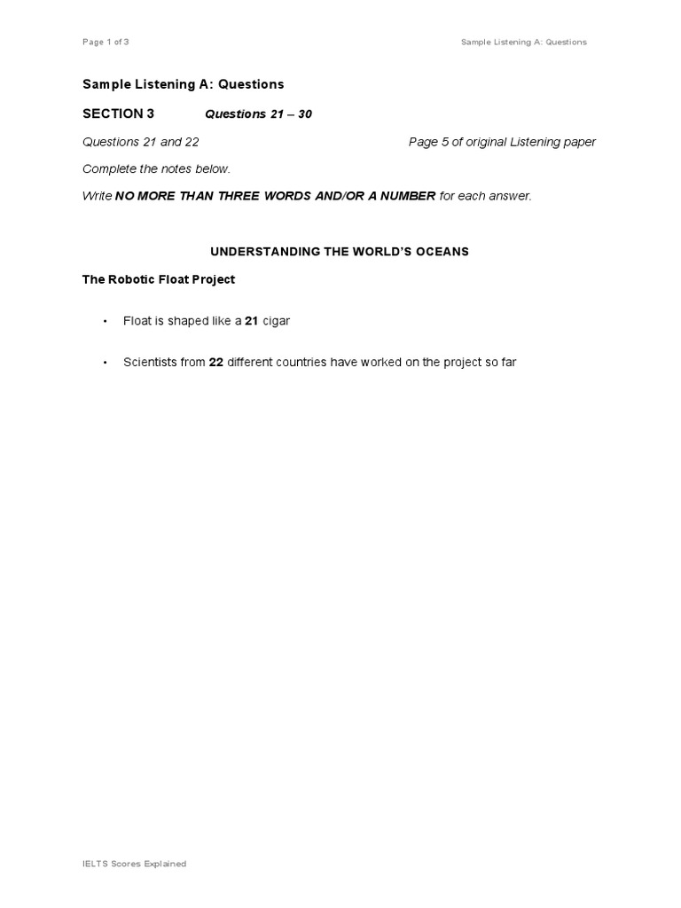 Sample Listening A: Questions Section 3 | PDF | Oceanography | Nature