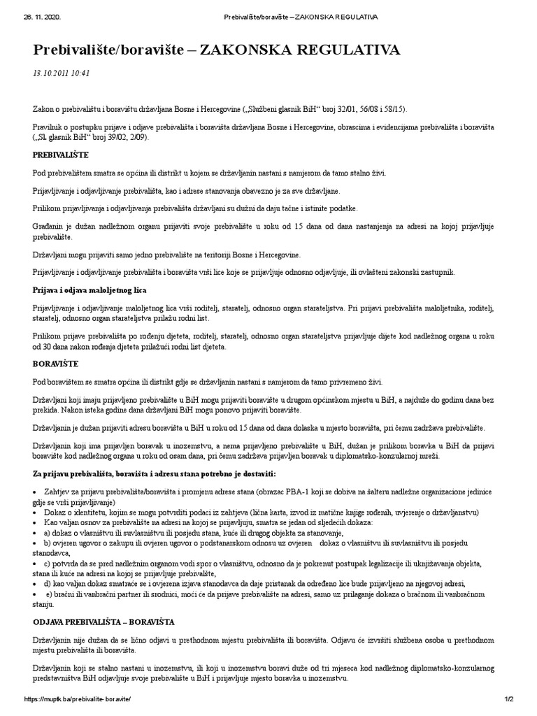 Prebivalište - Boravište - ZAKONSKA REGULATIVA | PDF