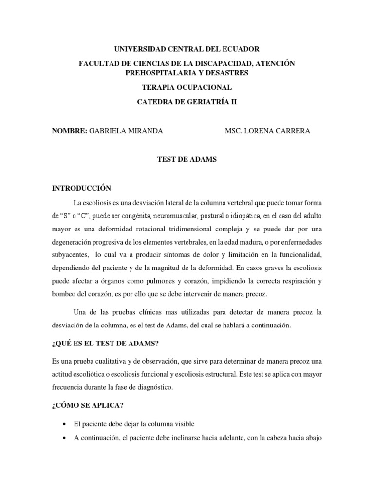 Test de Adams | Descargar gratis PDF | Escoliosis | Especialidades Medicas