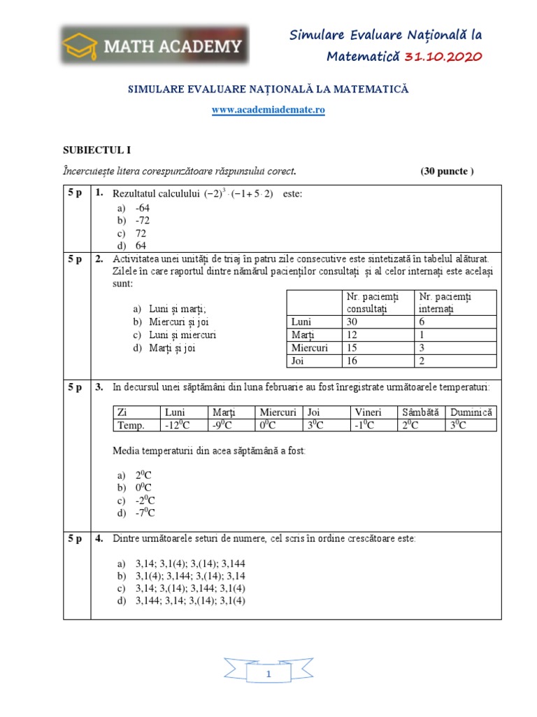 Simulare Evaluare Nationala 31.10.2020-2 | PDF