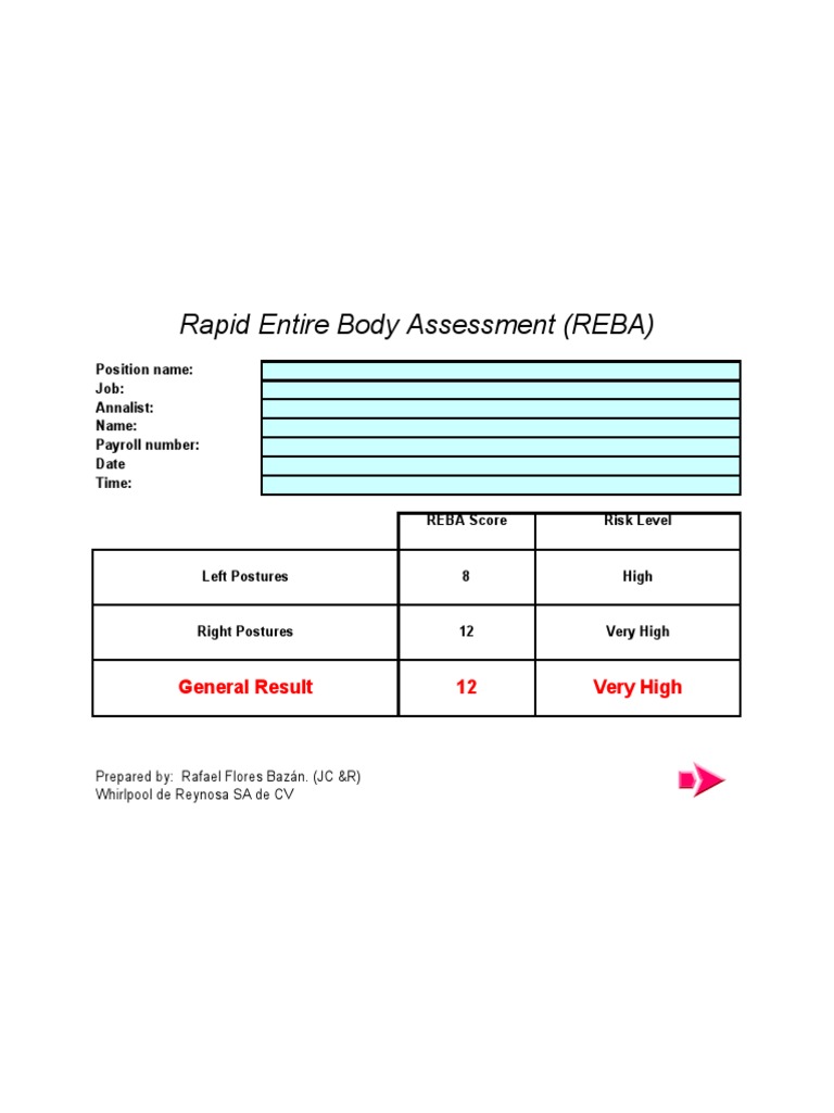 Rapid Entire Body Assessment (REBA) : General Result 12 Very High | PDF | Anatomical Terms Of ...