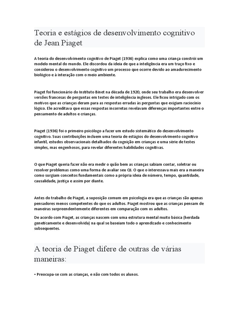 Teoria e Estágios de Desenvolvimento Cognitivo de Jean Piaget | PDF | Quociente de inteligência ...