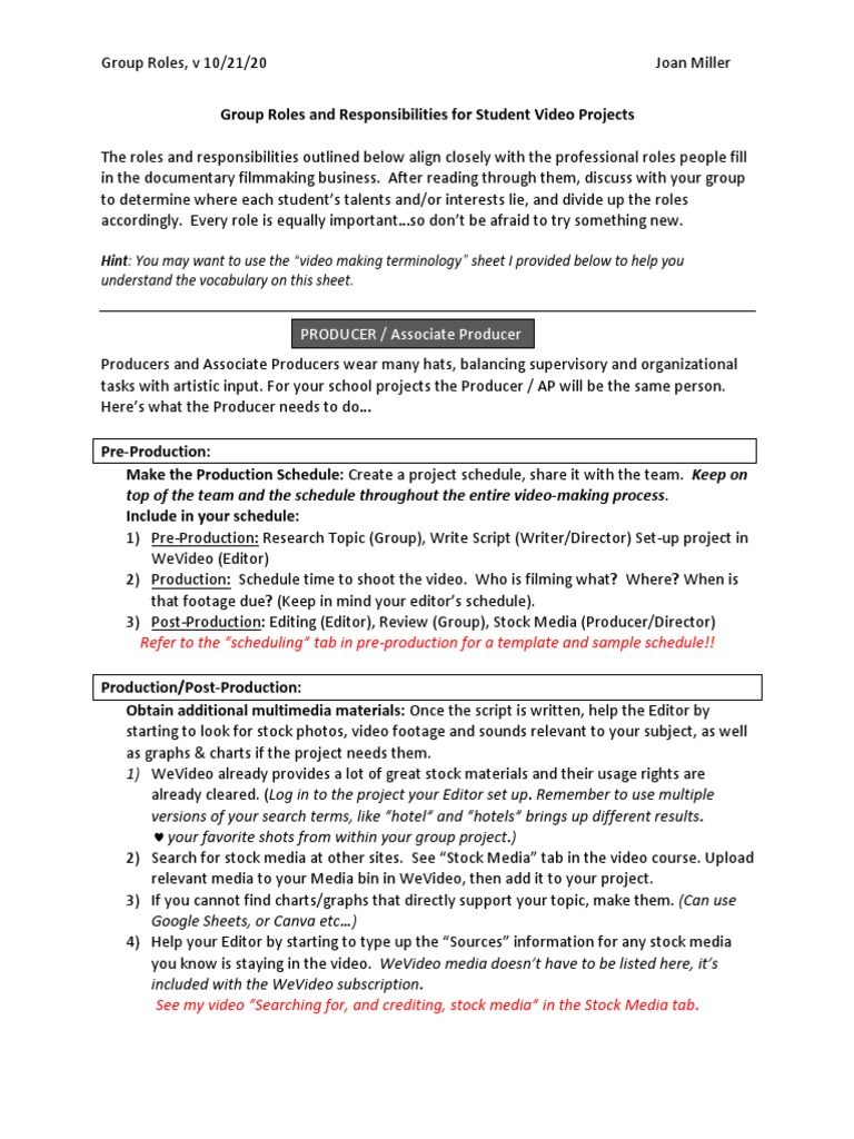 Student Video Project Roles Guide | PDF | Voice Over | Filmmaking