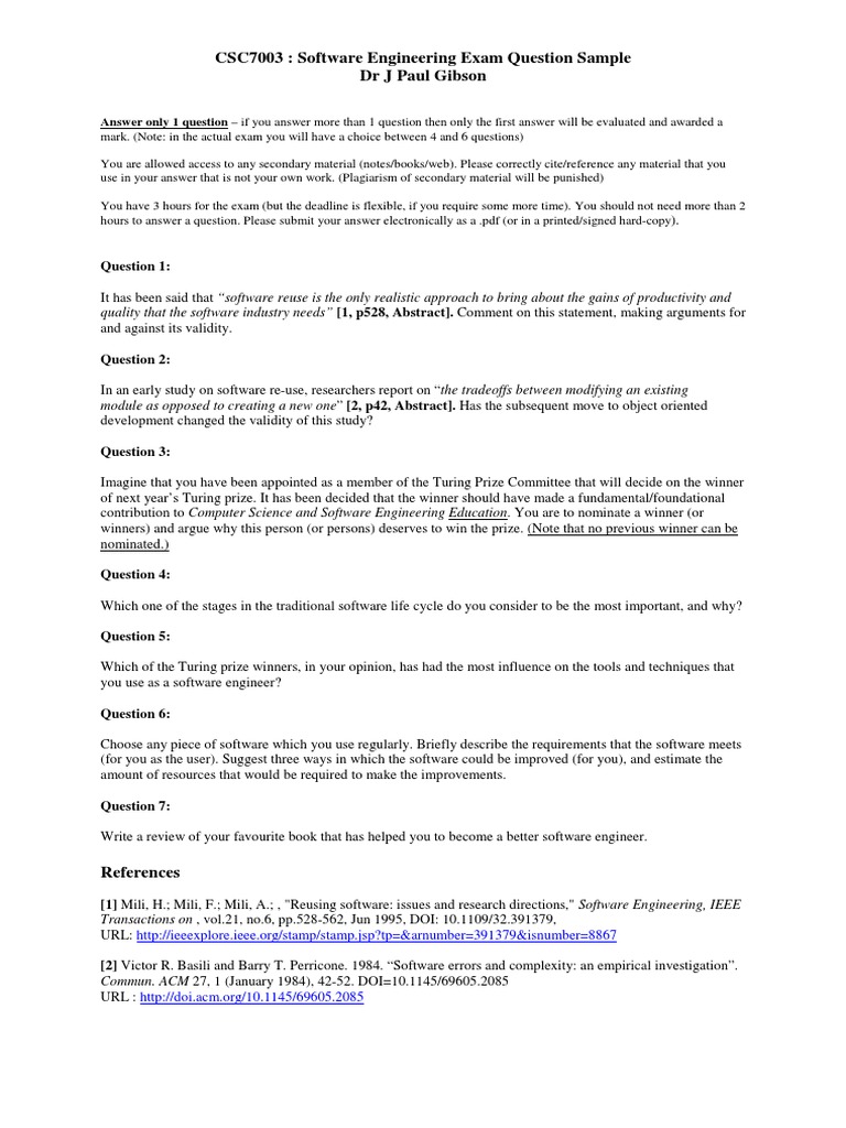 CSC7003: Software Engineering Exam Question Sample DR J Paul Gibson ...