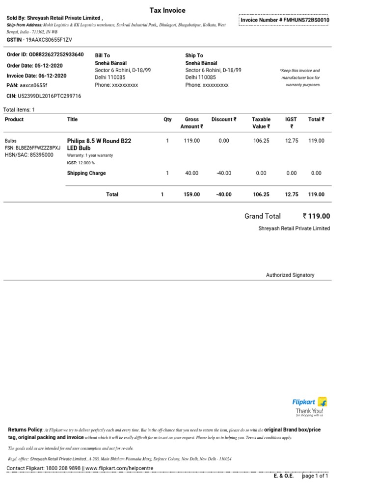 Philips 8.5 W Round B22 LED Bulb: Keep This Invoice and Manufacturer ...