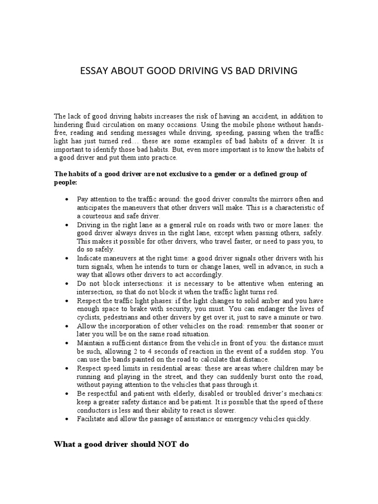 Essay About Good Driving Vs Bad Driving Pdf Traffic Traffic Collision