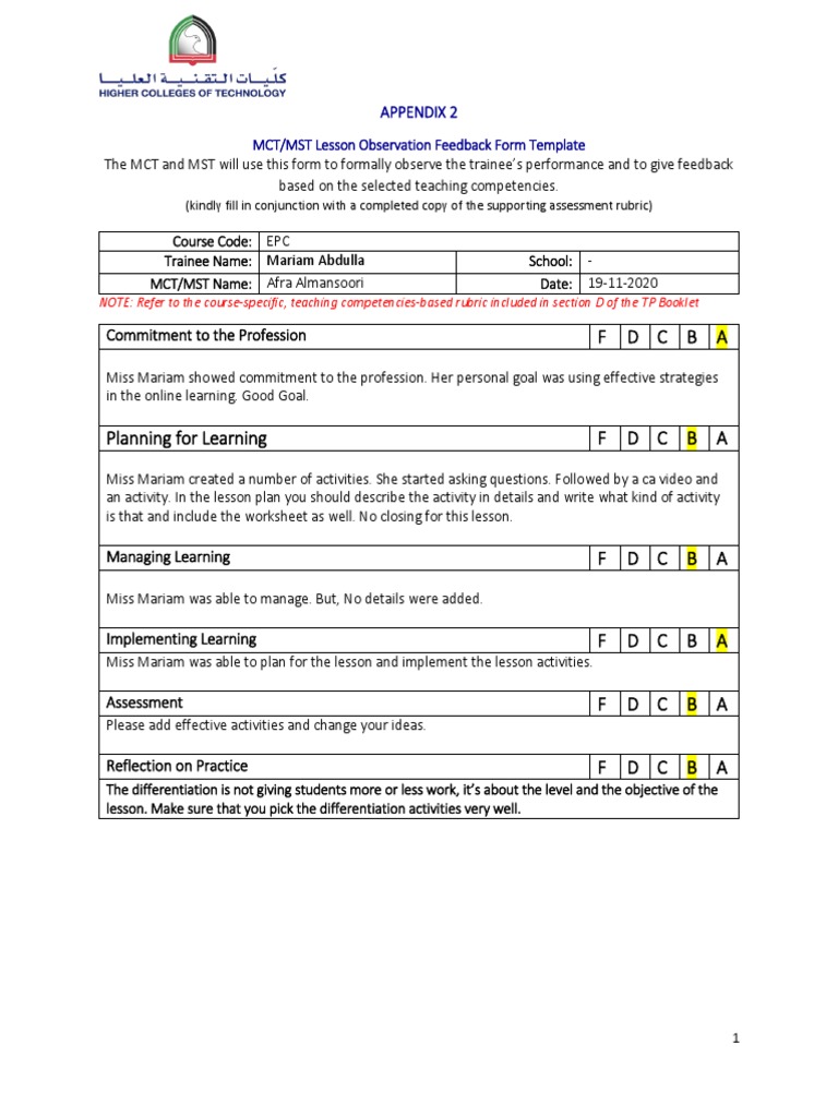 MCT/MST Lesson Observation Feedback Form | PDF